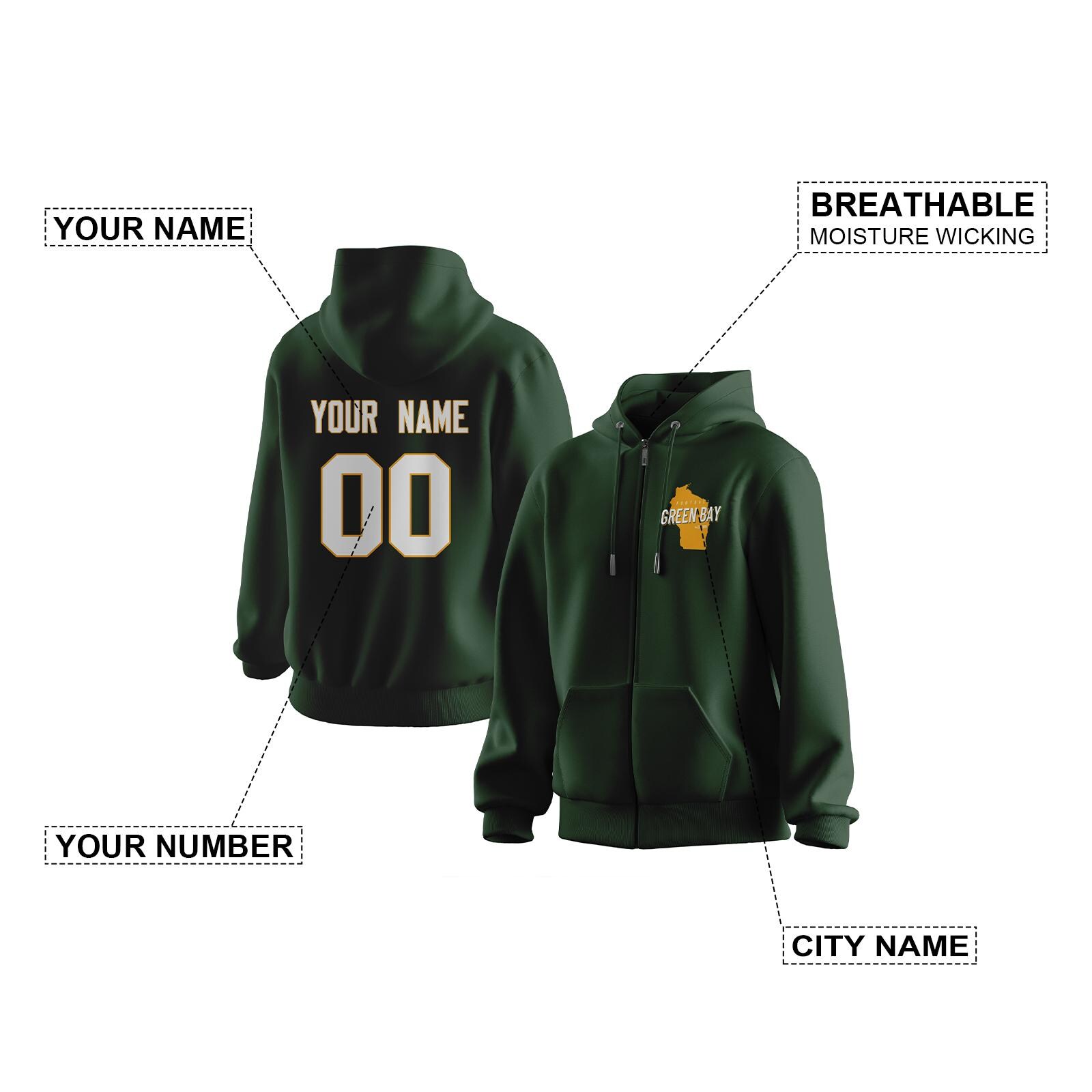 Custom Football Hoodie for Men Women Youth, Green Bay City Map Design ...