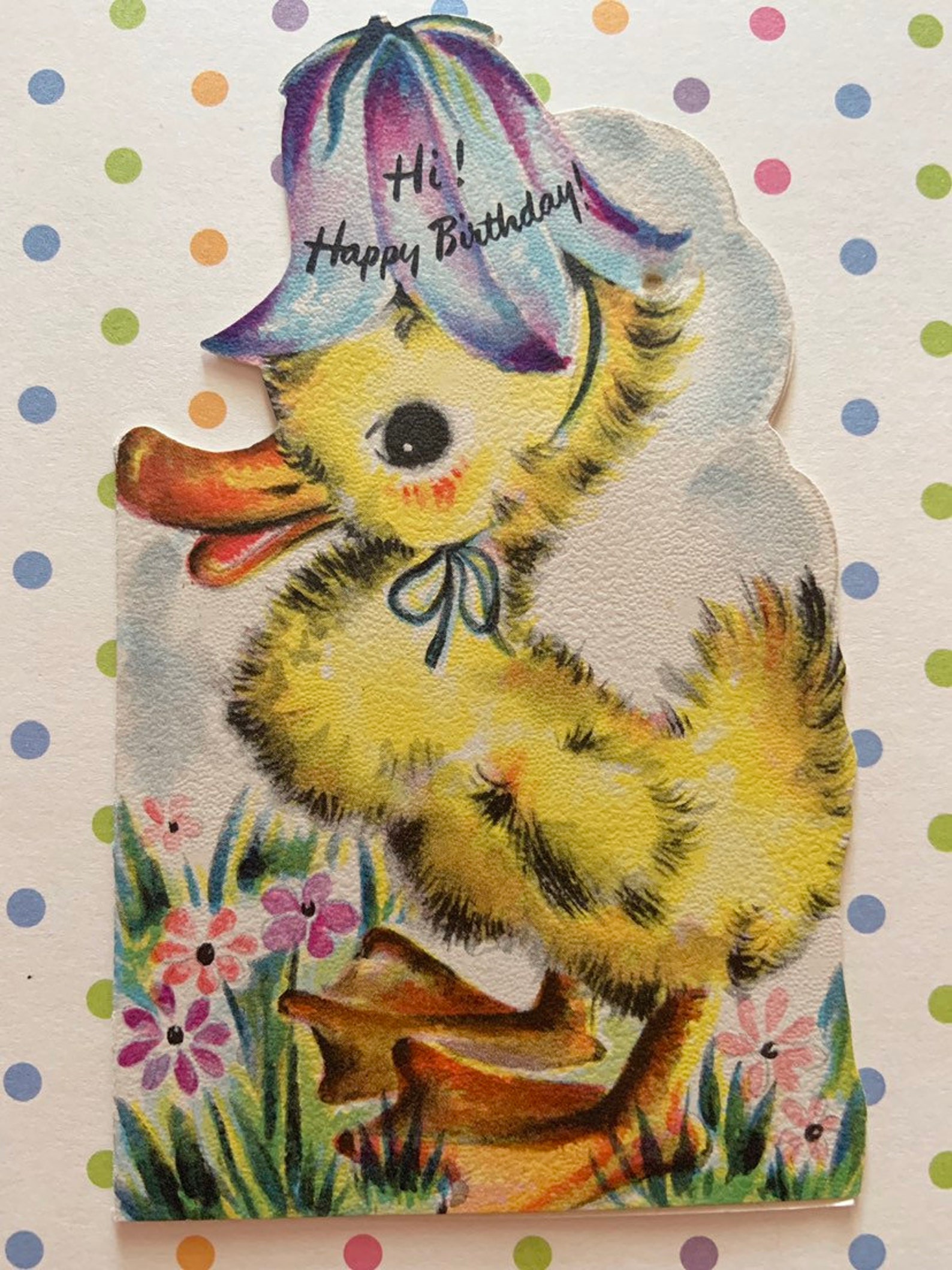 Vintage Birthday Card Cute Duckling With Flower Hat Early - Etsy