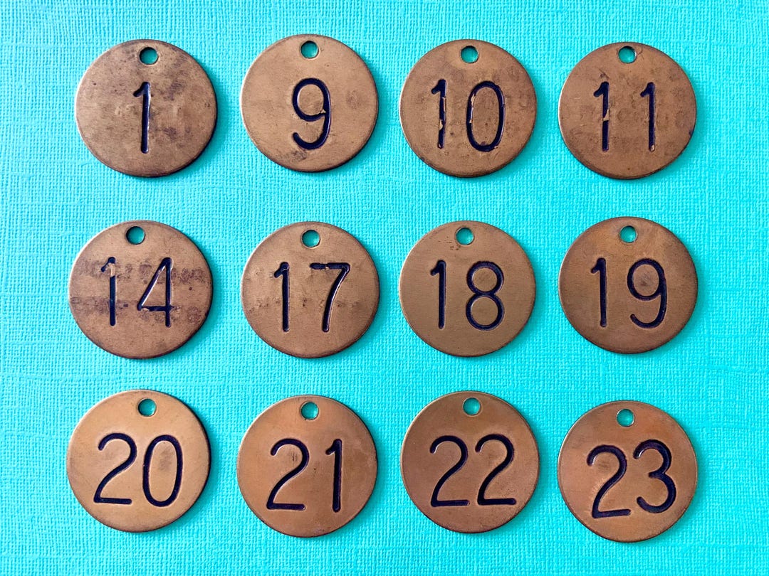 12 Vintage Brass Key Fobs With Numbers and Some Embossed on Back Round ...