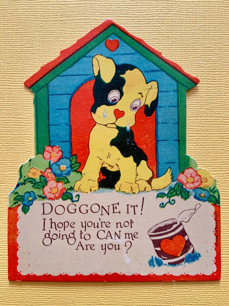 Vintage Valentines Day Card Dog in Dog House With Tin Can Doggone It ...