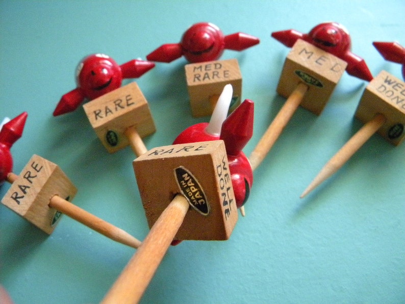 Vintage Set of Steak Picks Wooden Bulls With Rare Med and Well - Etsy