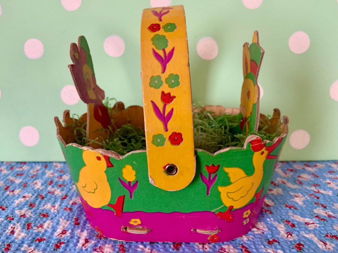 Vintage Easter Basket Cardboard Tab and Slot Design With Bunny Rabbits ...