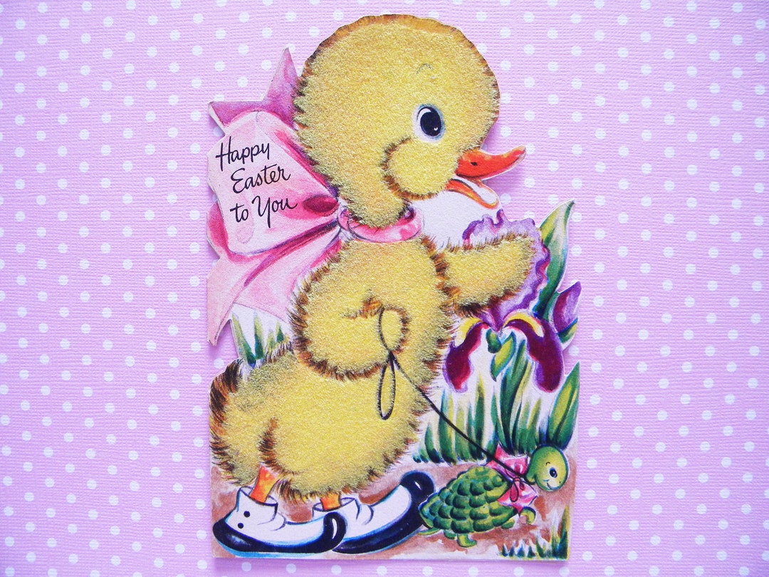 Vintage Easter Card Flocked Duckling Walking a Pet Turtle Hallmark ...