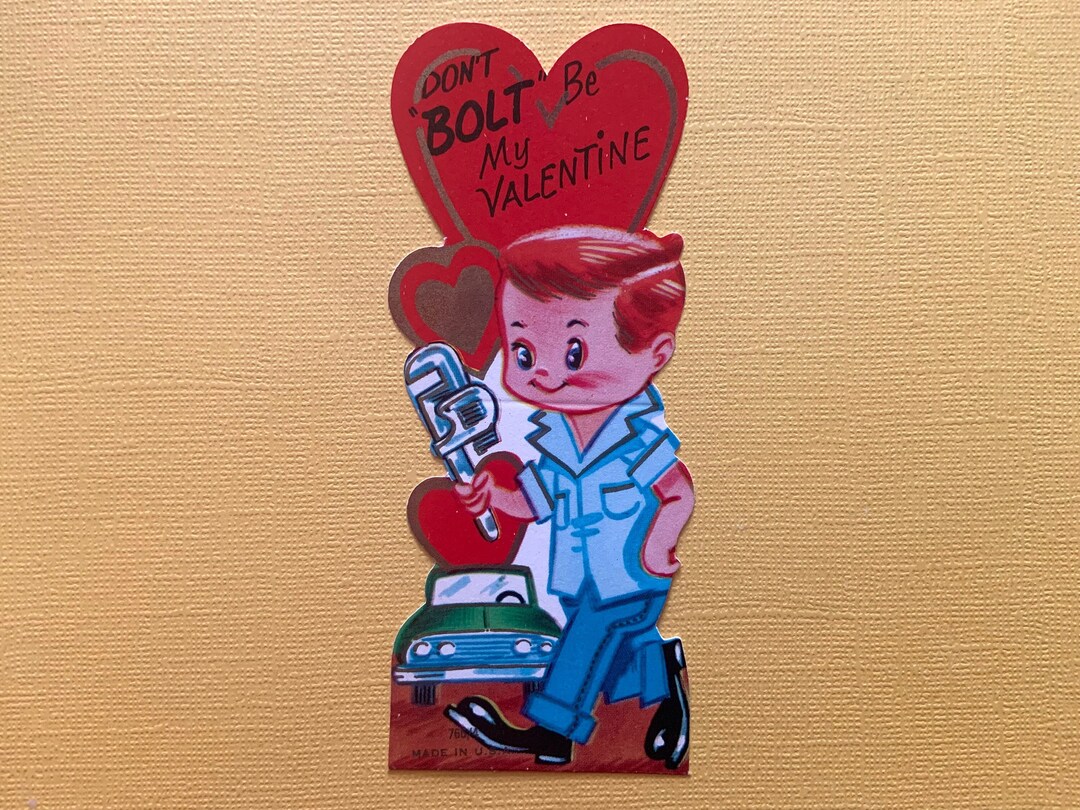 Vintage Valentines Day Card Mechanic Holding Monkey Wrench Rockabilly ...