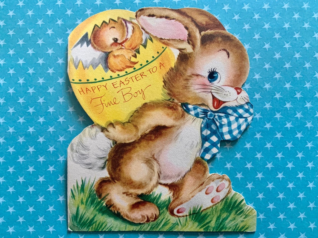 Vintage Easter Card Bunny Rabbit Carrying Giant Egg With Baby Chick ...