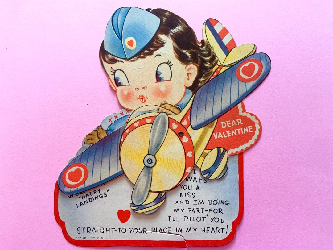 Large Vintage Mechanical Valentines Day Card Girl Airplane Fighter ...