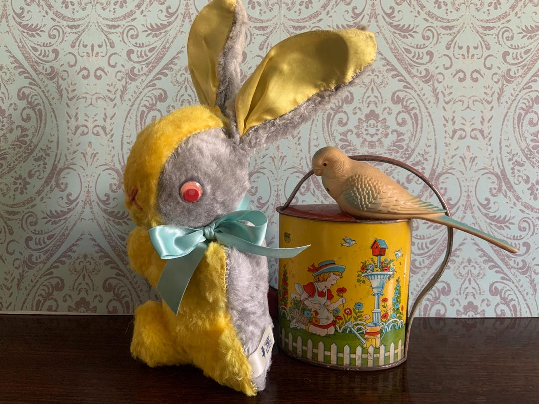 Vintage Stuffed Easter Bunny Rabbit Yellow and Gray With Pink Googly ...