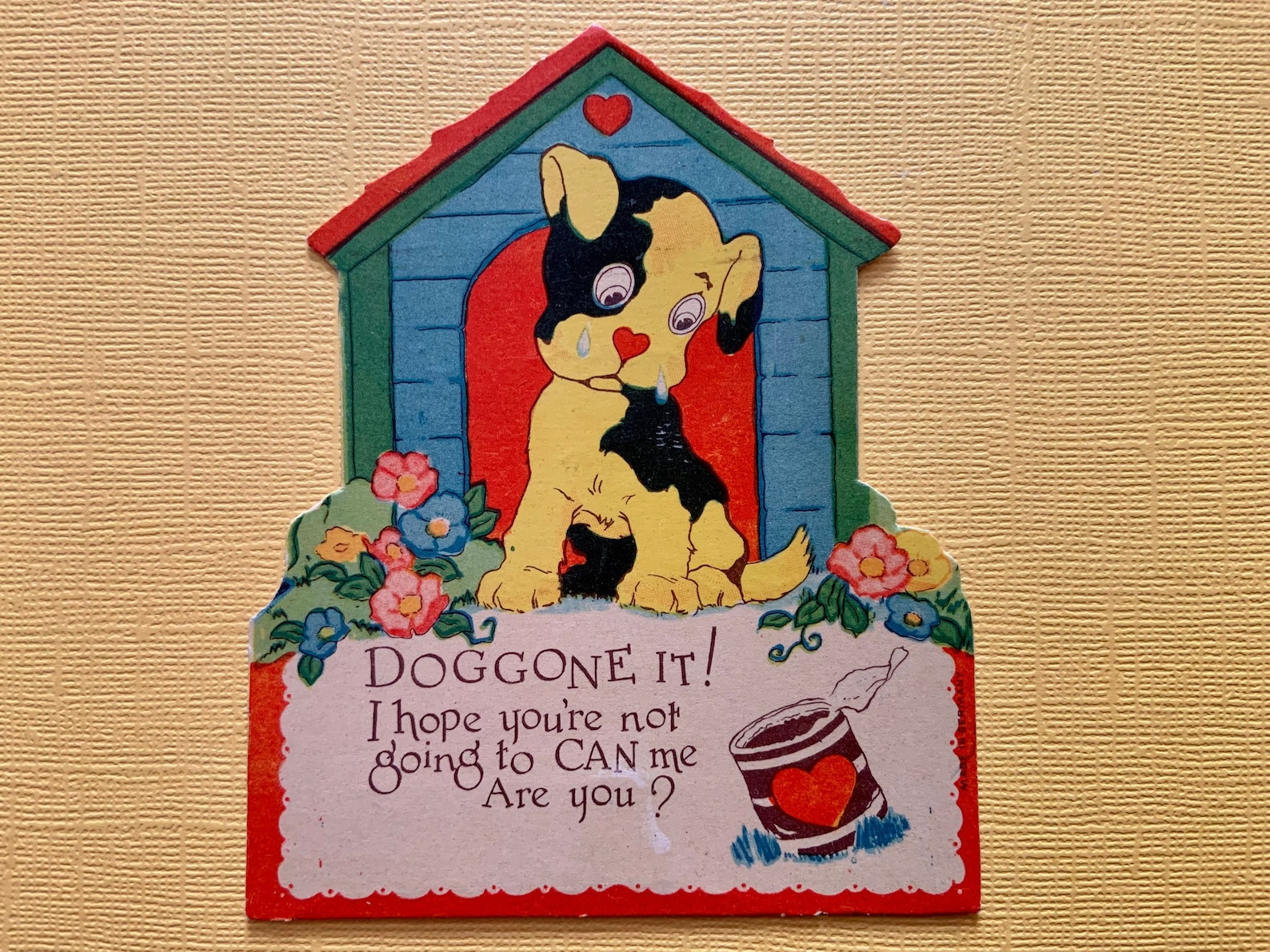 Vintage Valentines Day Card Dog in Dog House With Tin Can Doggone It ...
