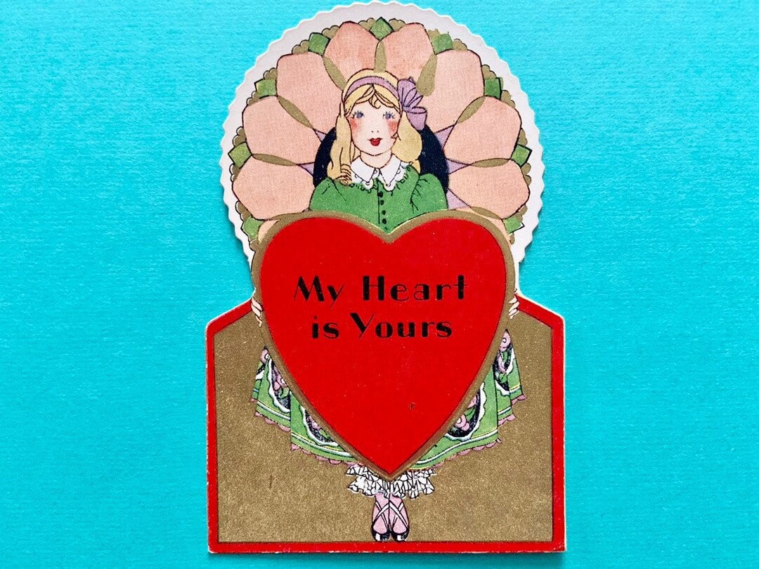 Vintage Valentines Day Card Girl in Pink Flower My Heart is Yours - Etsy