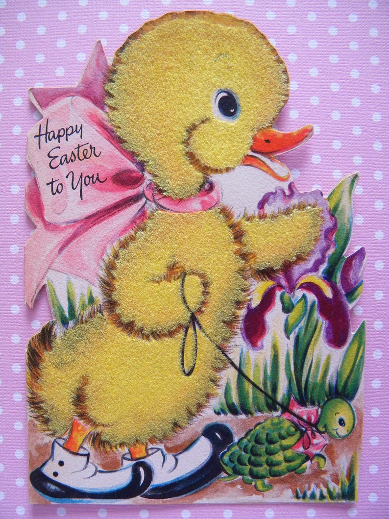 Vintage Easter Card Flocked Duckling Walking a Pet Turtle | Etsy