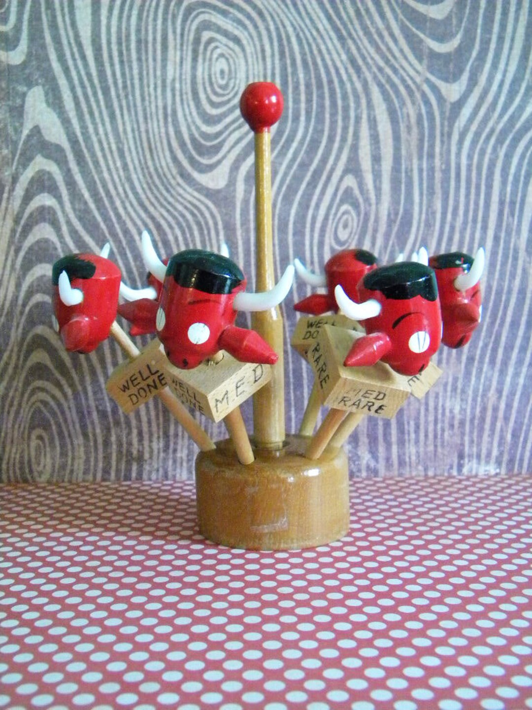 Vintage Set of Steak Picks Wooden Bulls With Rare Med and Well - Etsy