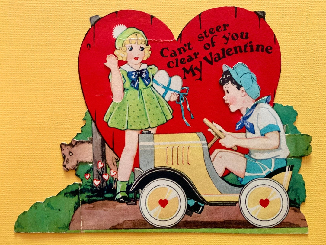 Vintage Mechanical Valentines Day Card Girl Hitchhiking With Boy in Toy ...