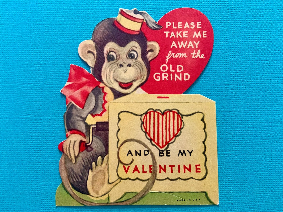 Vintage Valentines Day Card Organ Grinder Monkey With Cute Outfit - Etsy