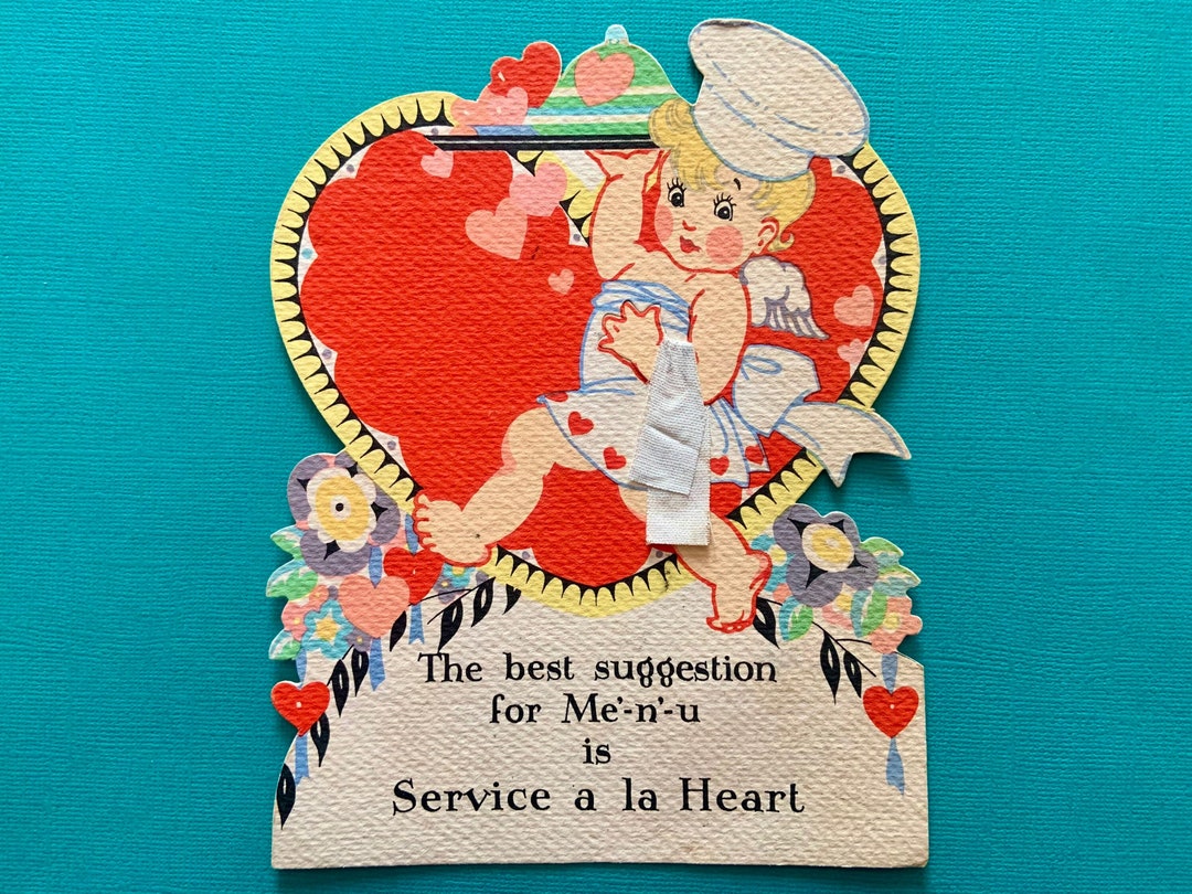 Large Vintage Valentines Day Card Chef Cupid Serving Order on a Tray ...
