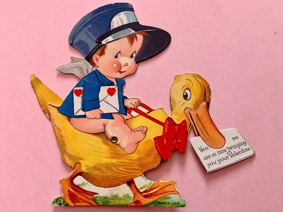 Vintage Mechanical Valentines Day Card Cupid Mailman Riding on the Back ...