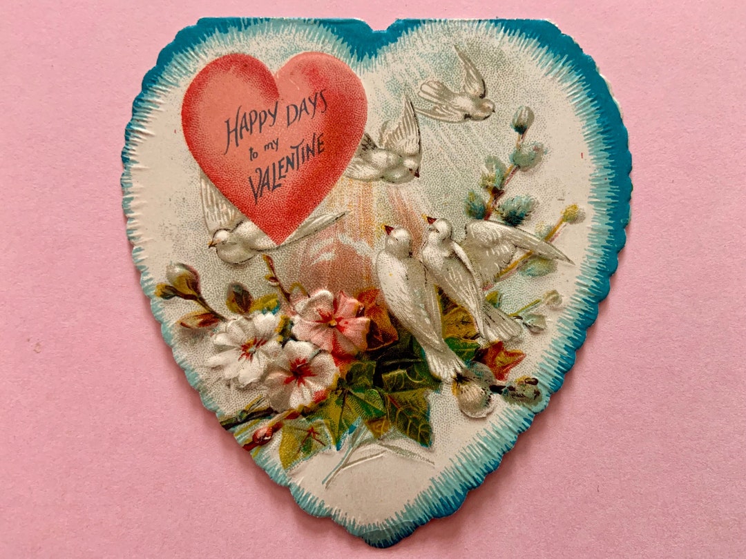 Vintage Heart Shaped Valentines Day Card Heart Surrounded by Doves and Flowers - Etsy