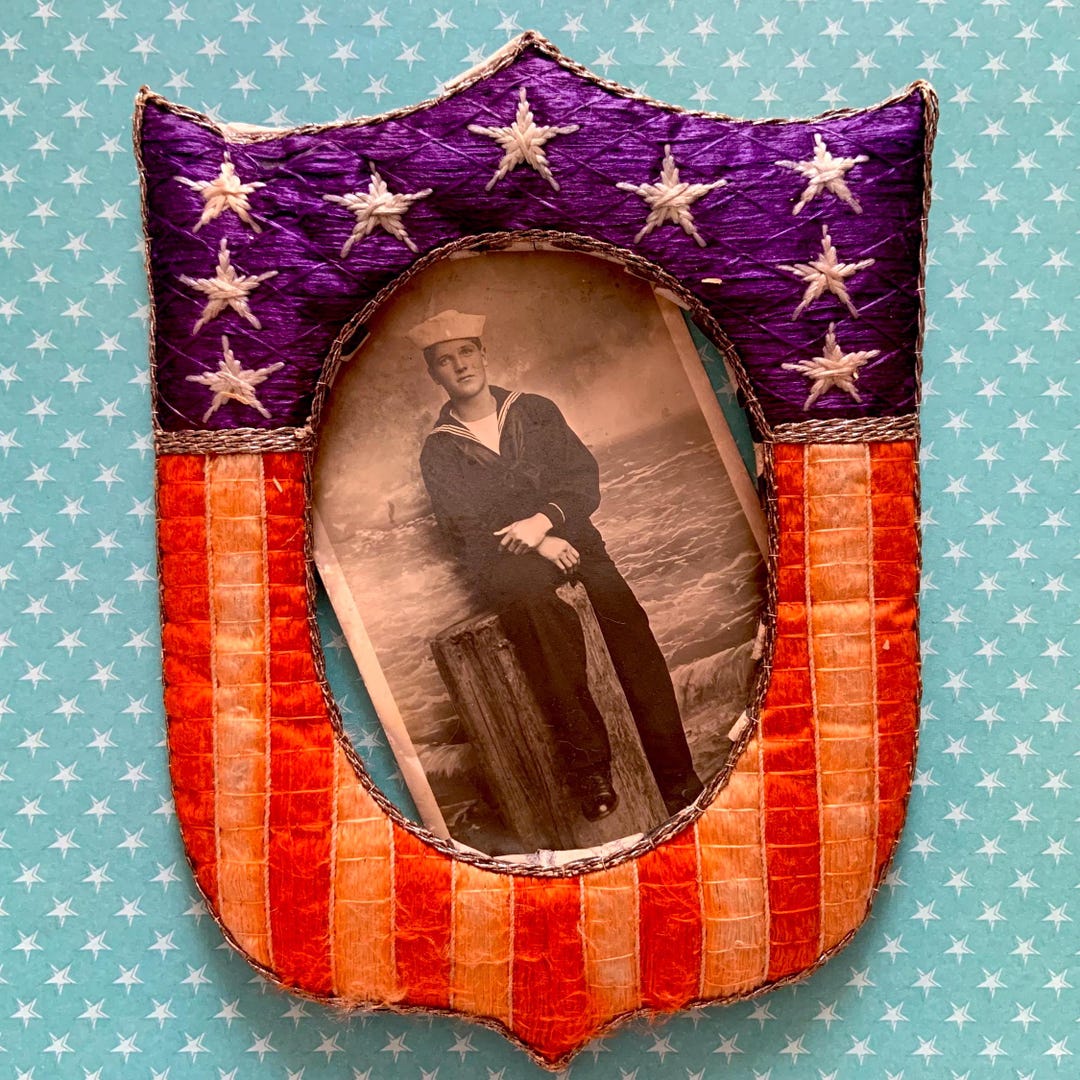 Antique WW1 Era Silk Woven Stars and Stripes Picture Frame With ...