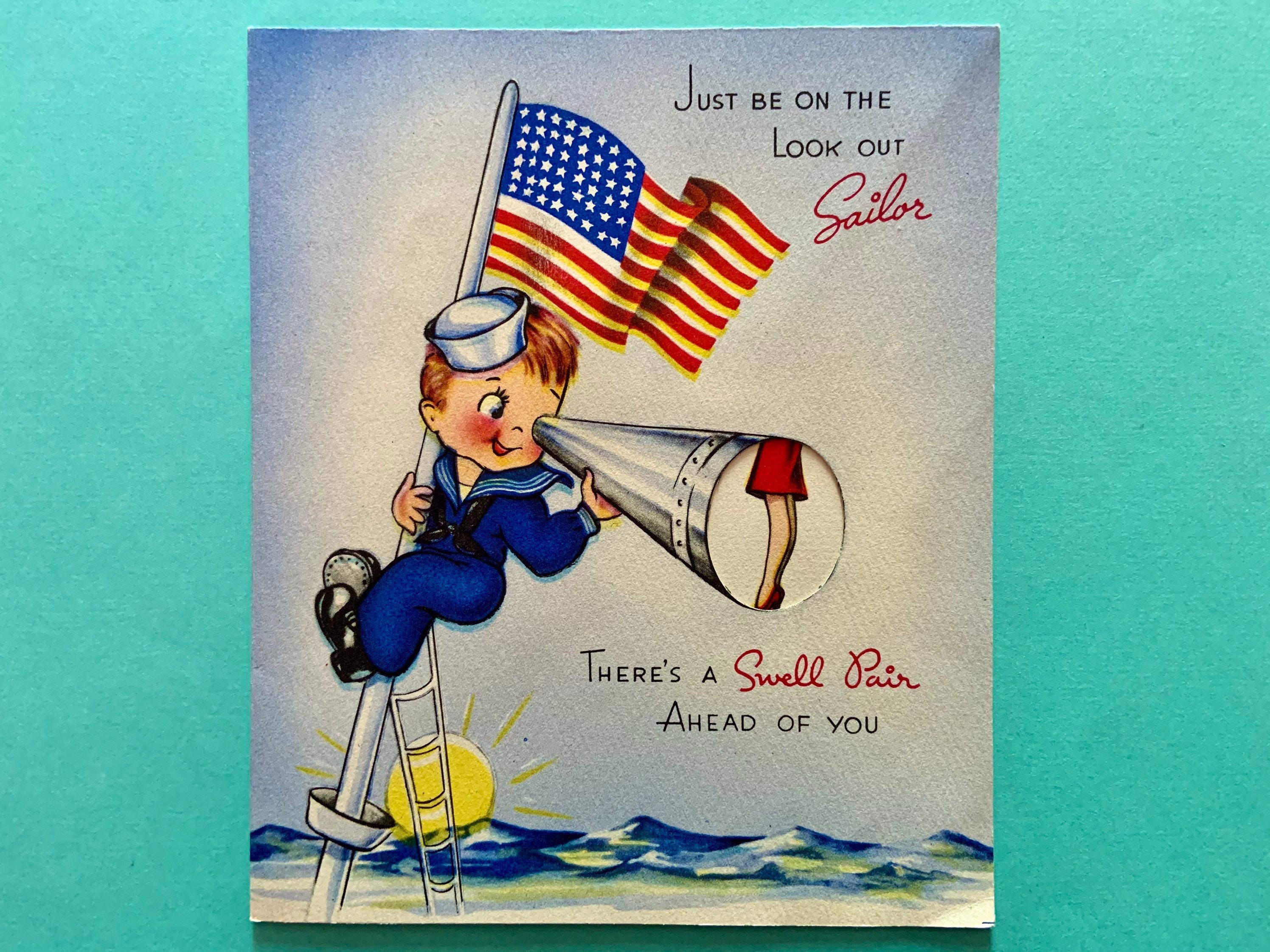 Vintage Unused Greeting Card WW2 Era Navy Sailor Military Pin Up Girl ...