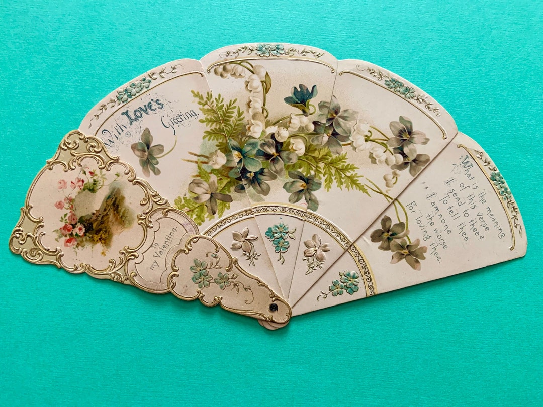 Vintage Valentines Day Hand Fan 5 Panels With Violets and Poetry - Etsy