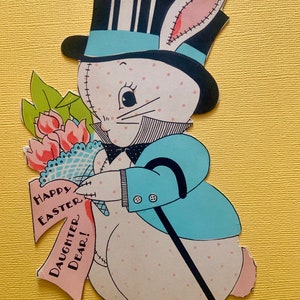 Vintage Easter Greeting Card Polka Dotted Bunny Rabbit Holding Flowers ...