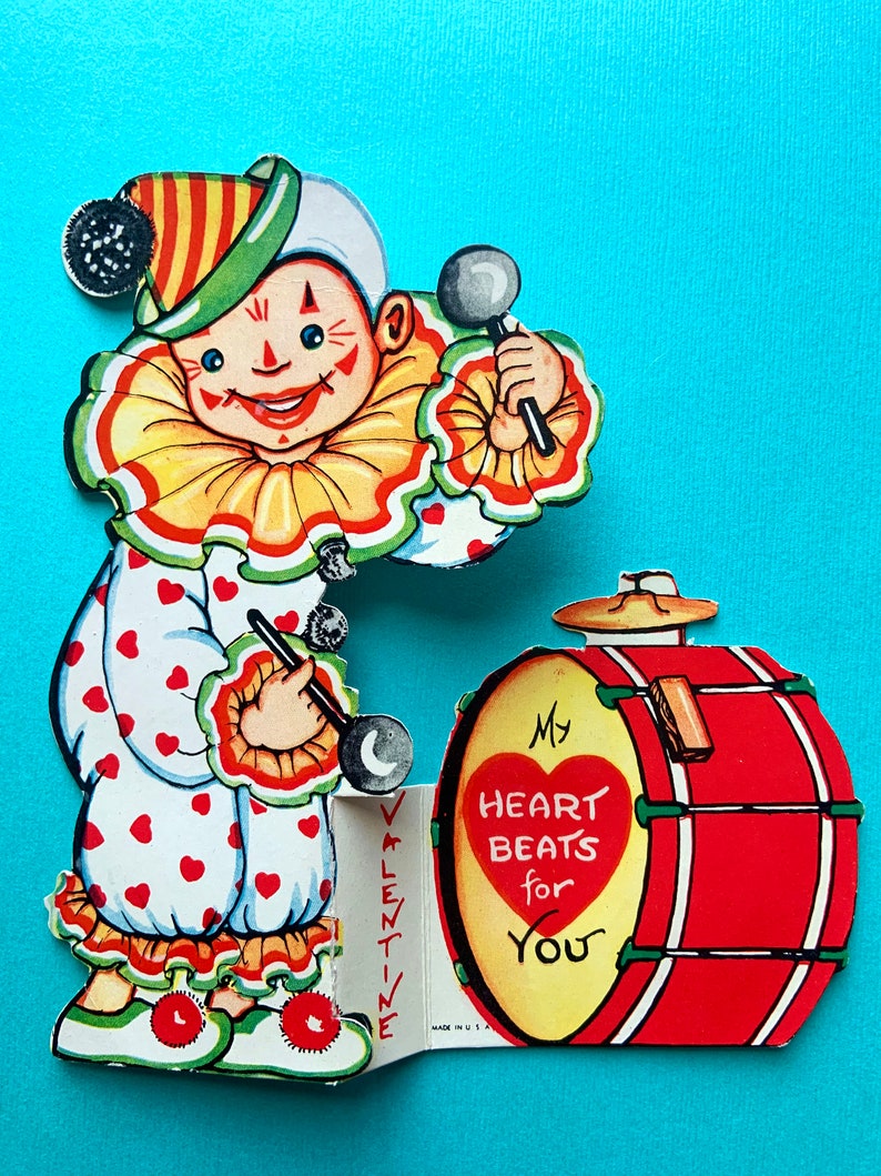 Vintage Valentines Day Card Clown Playing a Drum in Cute Costume - Etsy