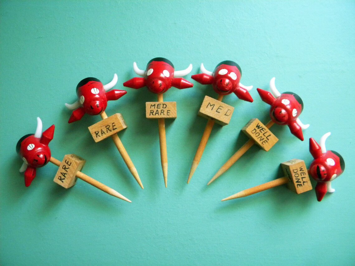Vintage Set of Steak Picks Wooden Bulls With Rare Med and Well - Etsy