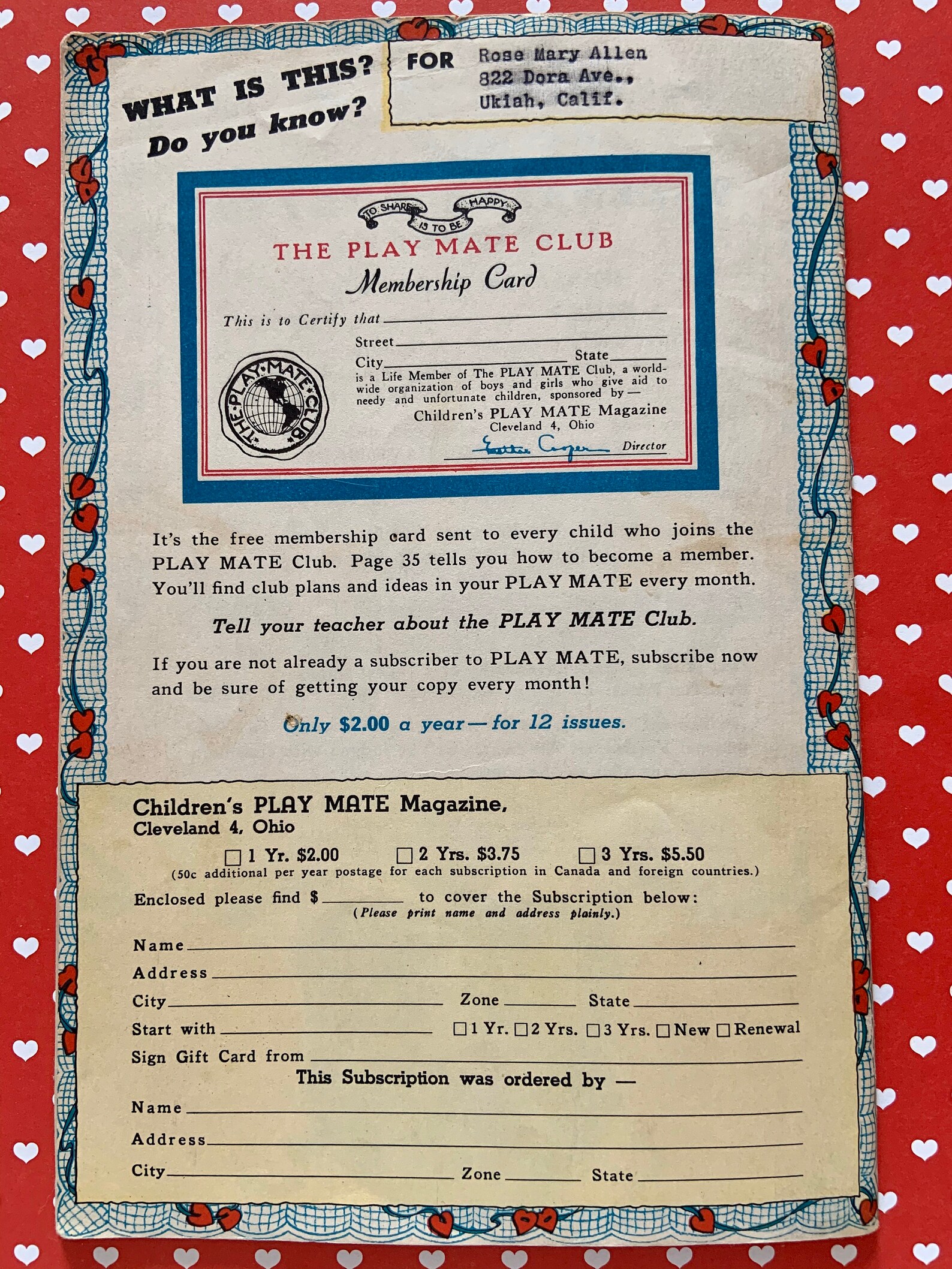 Vintage 1952 Valentine Issue of Children's Play Mate Complete With ...