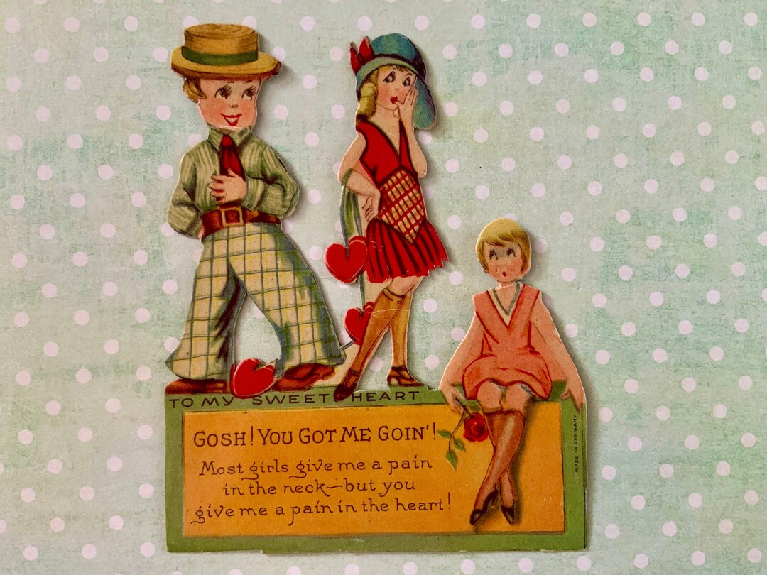 Vintage Valentines Day Card 2 Cute Flapper Girls Give Man a Pain in the ...