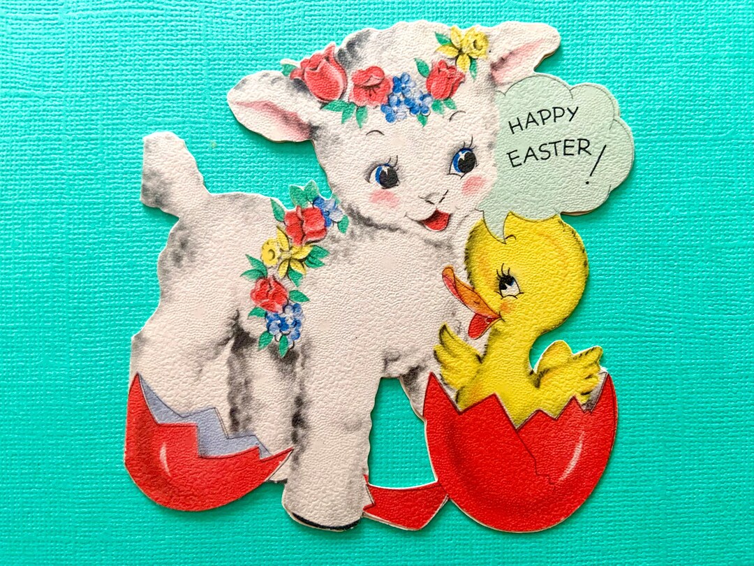 Vintage Easter Greeting Card Cute Lamb and Chick Hatching From Egg ...