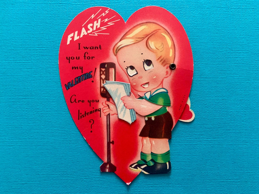 Vintage Mechanical Valentines Day Card Boy With Microphone Broadcasting ...