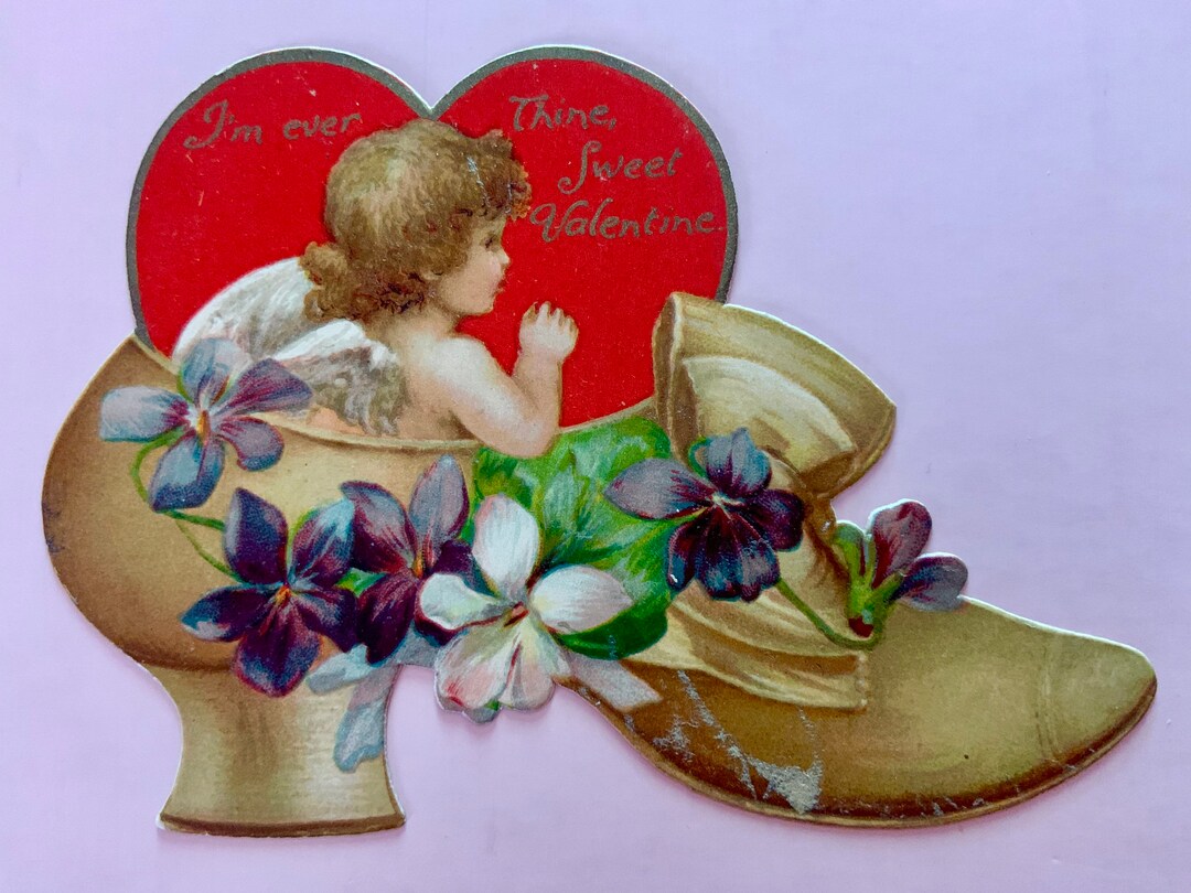 Vintage Valentines Day Card Cupid Sitting Inside of Shoe Full of ...