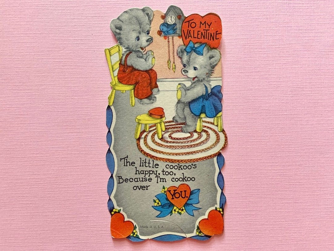Vintage Valentine's Day Card Teddy Bears With a Cuckoo Clock - Etsy