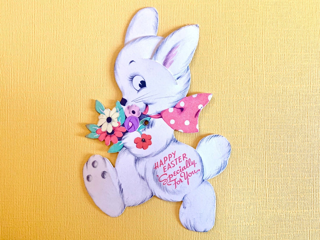 Vintage Mechanical Easter Card Bunny Rabbit With Polka Dot Ribbon and ...