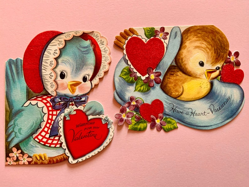 2 Vintage Flocked Valentines Day Cards Bluebird and Yellow - Etsy