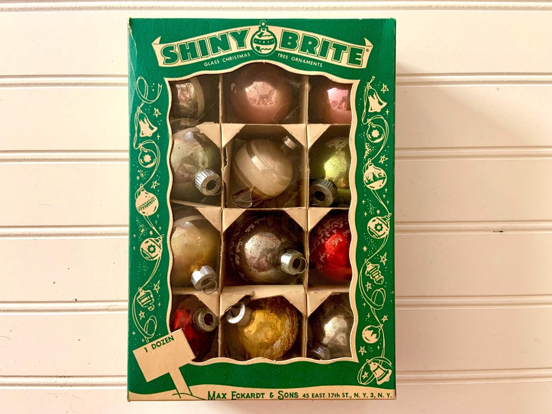 Vintage Box of Shiny Brite Christmas Ornaments in Early Box Stencils ...
