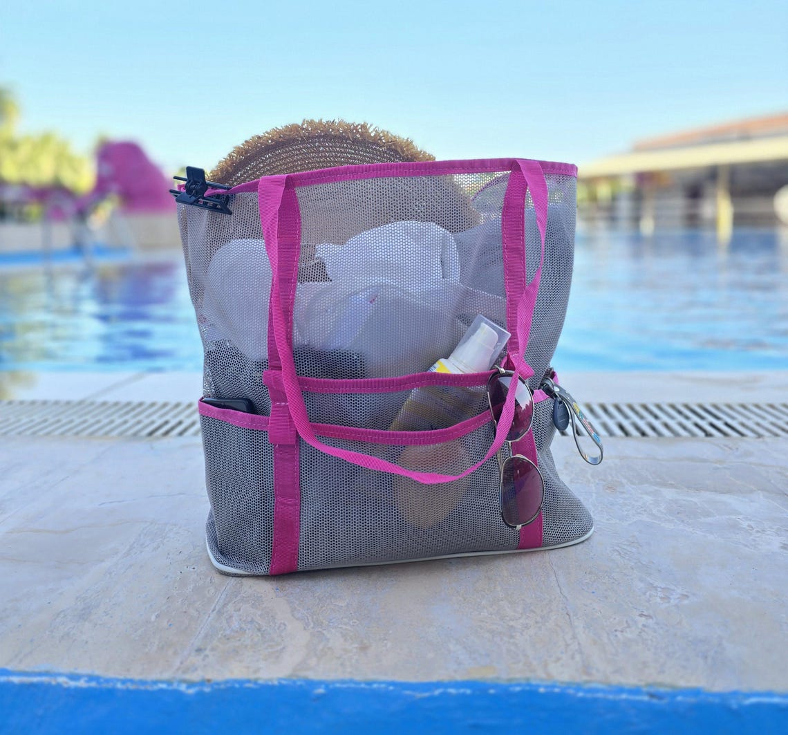 Large Mesh Beach Bag With Waterproof Phone Pocket 9 Compartments ...