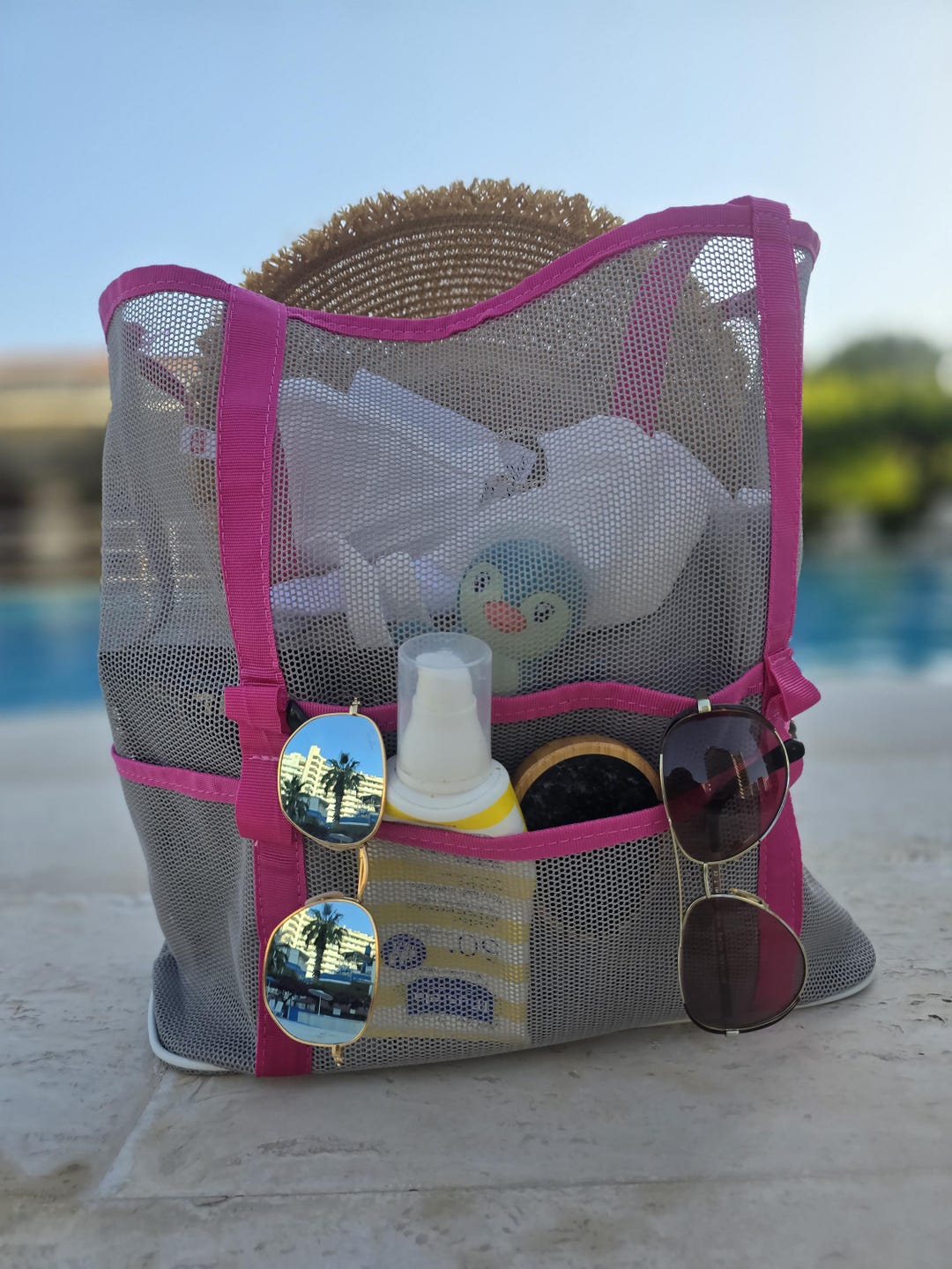 Large Mesh Beach Bag With Waterproof Phone Pocket 9 Compartments ...