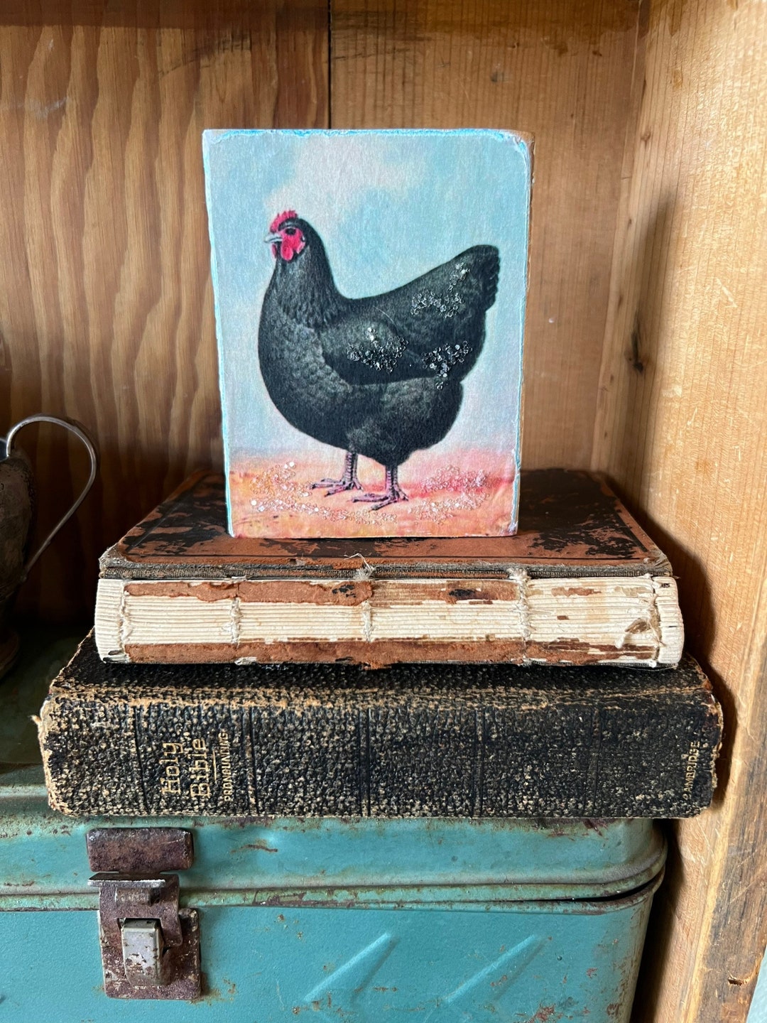 Vintage Chicken Rooster Block Sign Wood Black Rustic Farmhouse Tiered ...