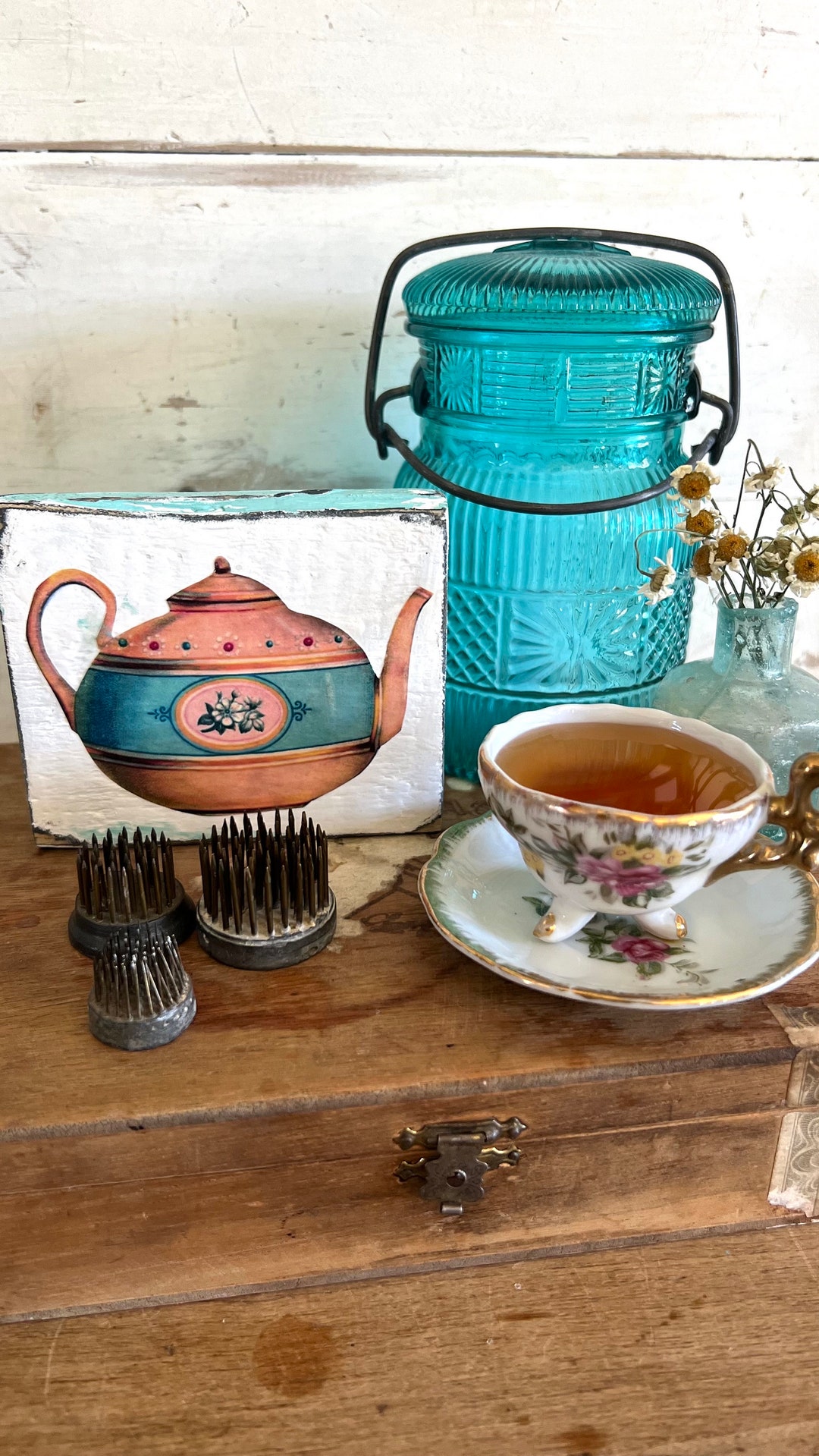 Vintage Teapot Tea Party Block Sign Block Rustic Farmhouse Kitchen ...