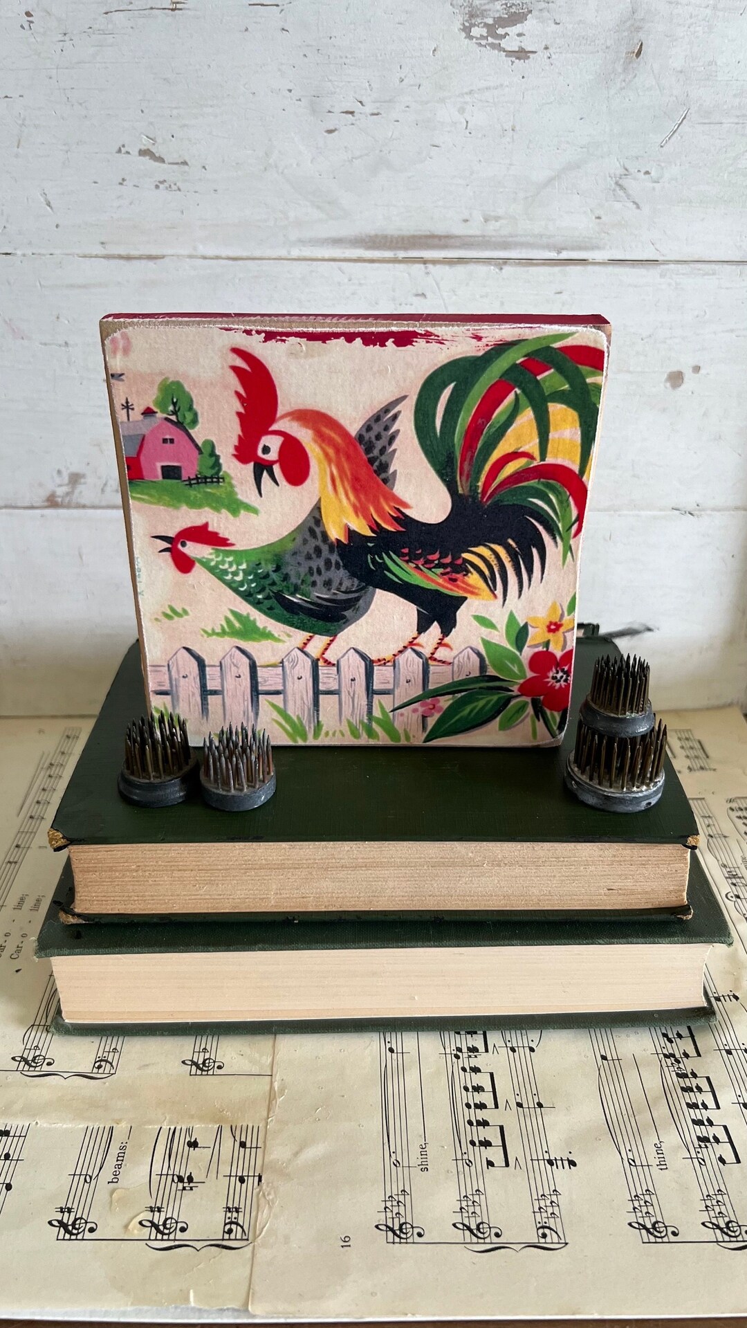 Vintage Chicken Rooster Block Sign Wood Black Rustic Farmhouse Tiered ...