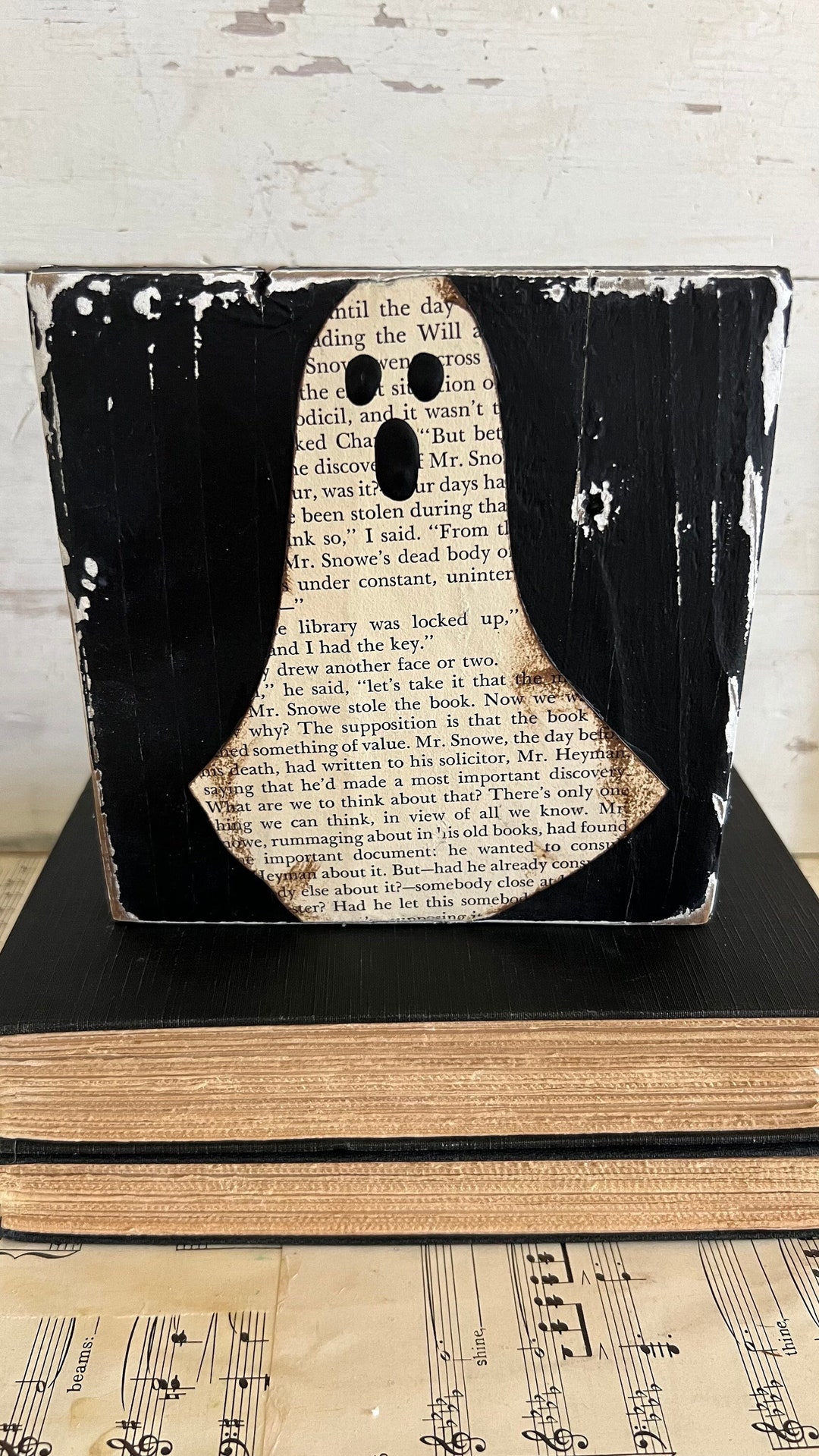 Vintage Halloween Fall Book Page Ghost Spooky Block Wood Sign Glitter ...