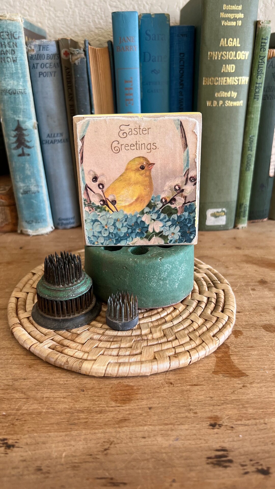 Vintage Easter Chick Basket Floral Flowers Block Sign Wood Rustic Tray ...