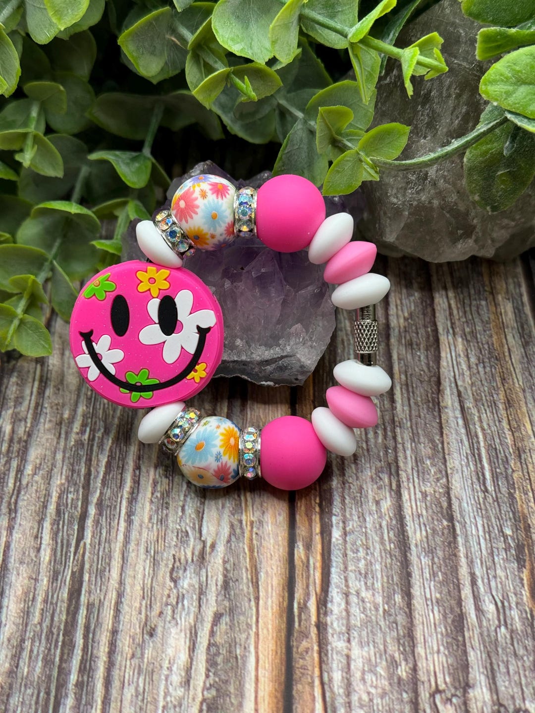 Pink Daisy Smiley Stanley Tumbler Handle Charms, Keychain, Silicon ...