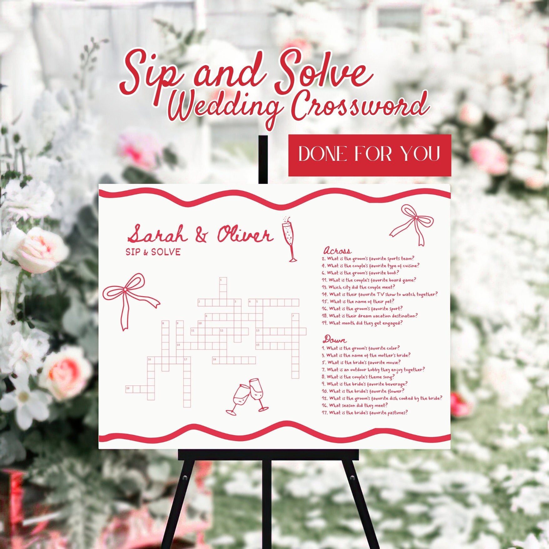 Sip and Solve Wedding Crossword, Coquette Personalized Puzzle, Custom ...