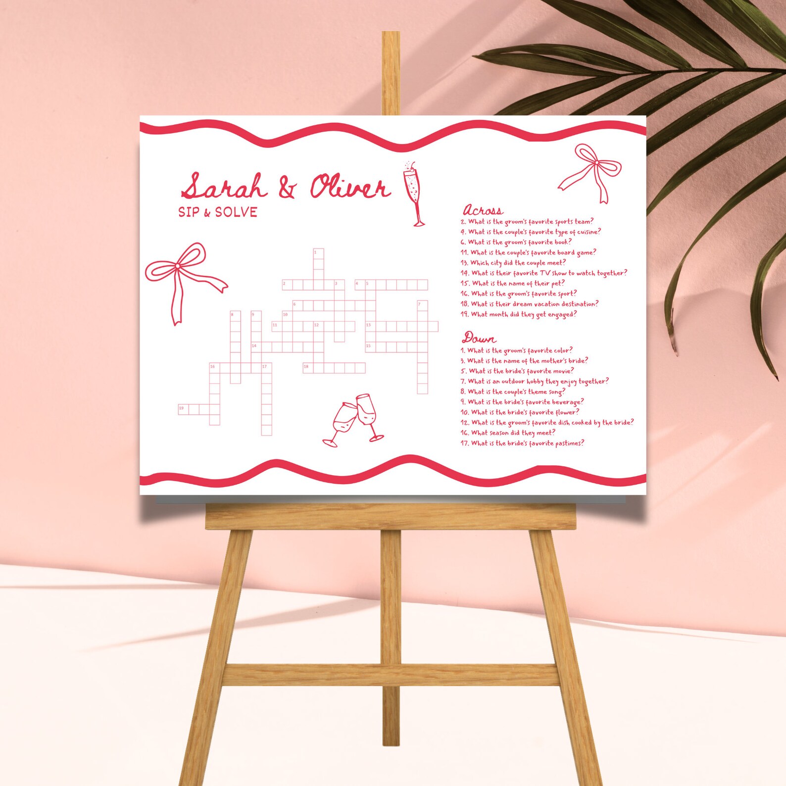 Sip and Solve Wedding Crossword, Coquette Personalized Puzzle, Custom ...