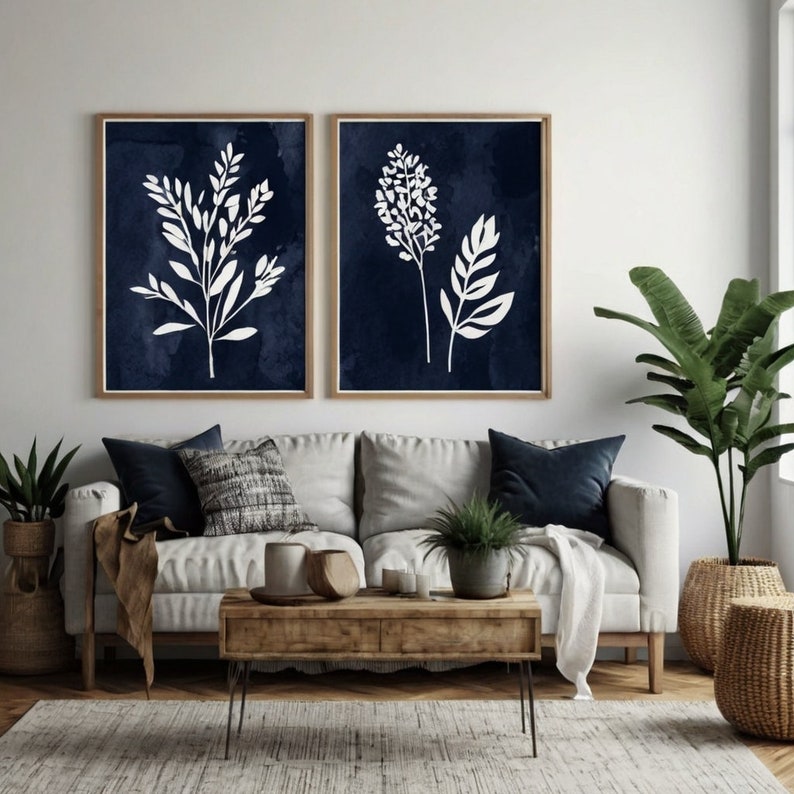 Navy Blue Abstract Botanical Art Set of 3 Printable Wall Art Modern ...