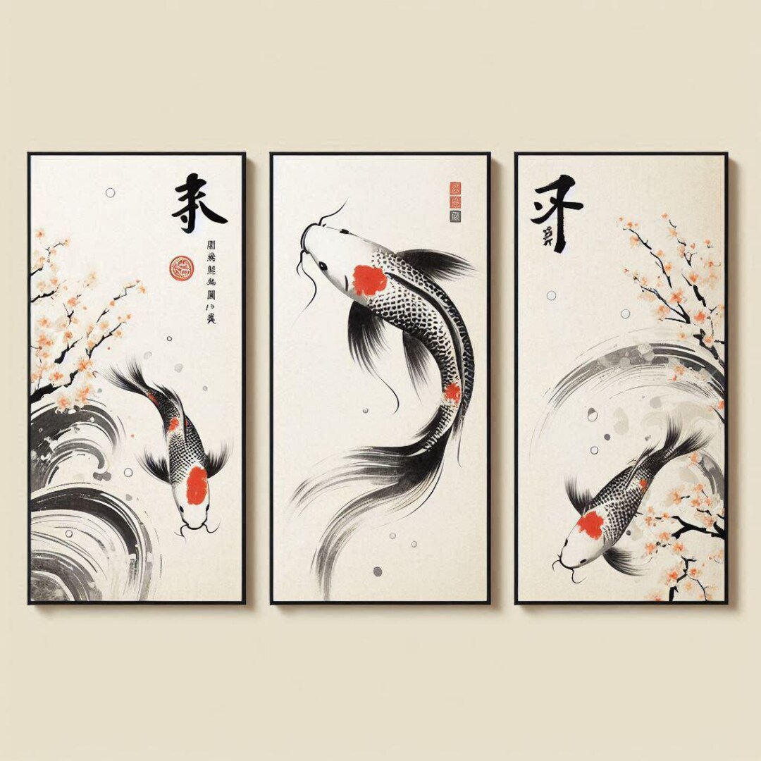 Japanese Sumi-e Art Koi Fish Wall Art Set Traditional Japanese Wall ...
