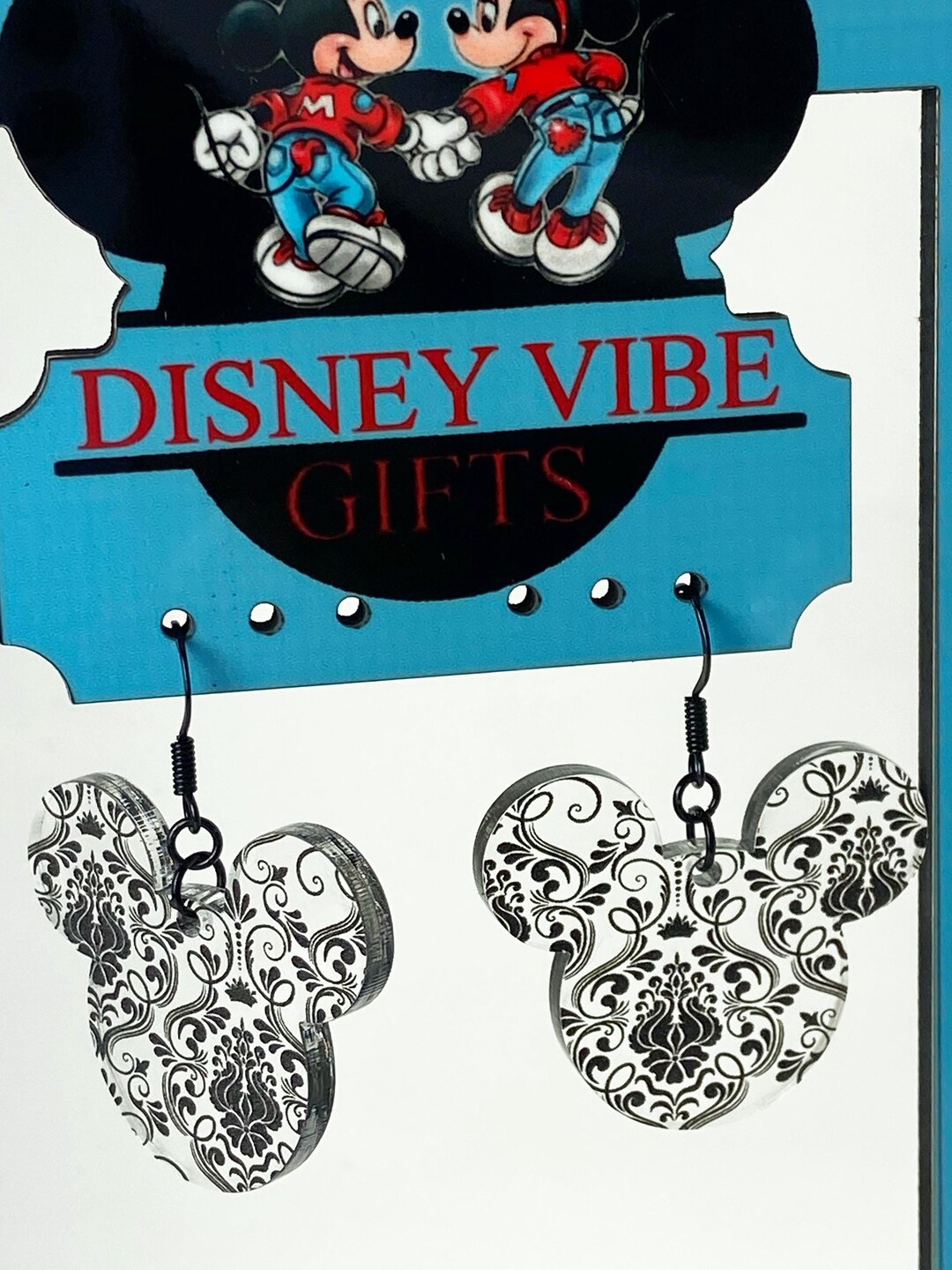 Mickey Mouse Themed Earrings Clear With Black Damask Pattern, Disney ...