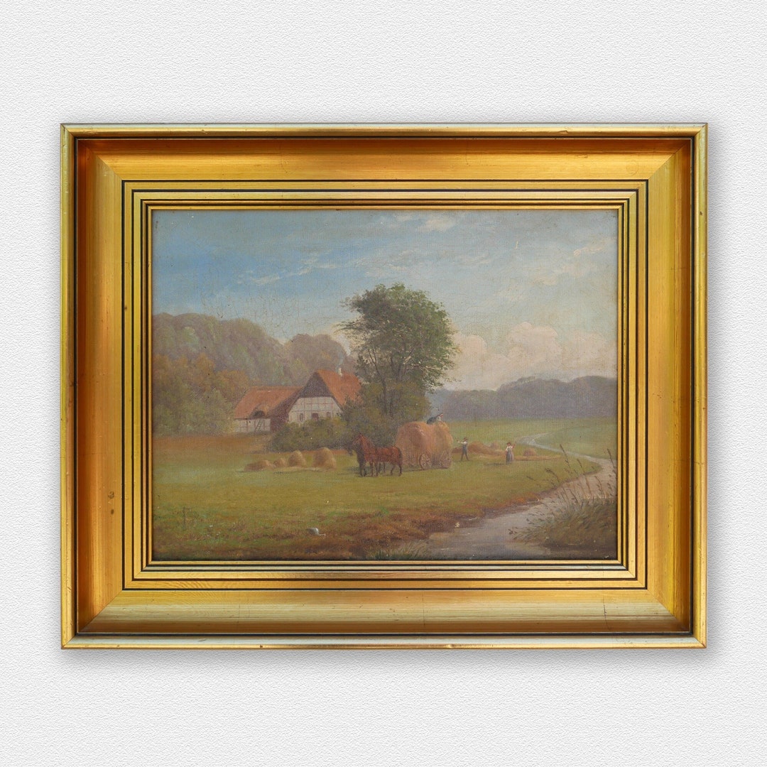 Original Antique Landscape Painting Late 1800s Farm Workers Scenery Oil ...