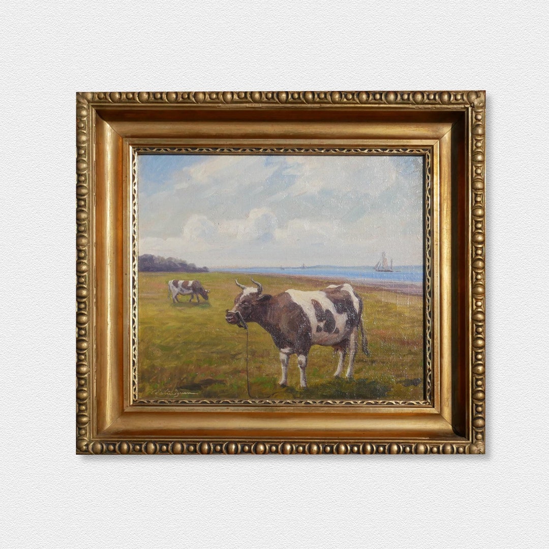 Antique Danish Oil Painting Original Art Danish Landscape With Cows and ...